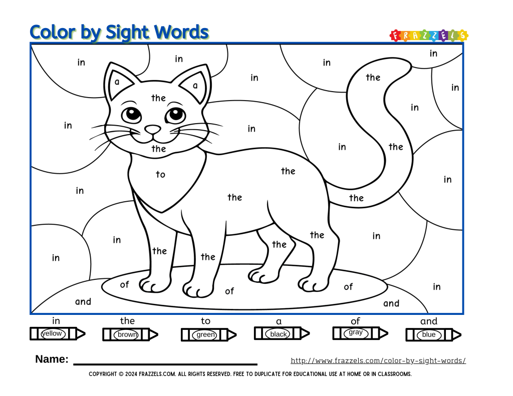 Color by sight words – Cat – in, the, to, a, of, and - Frazzels