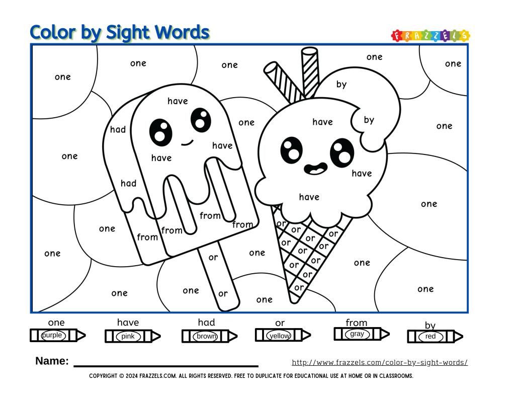 Color by sight words – Ice Cream – one, have, had, or, from, by - Frazzels