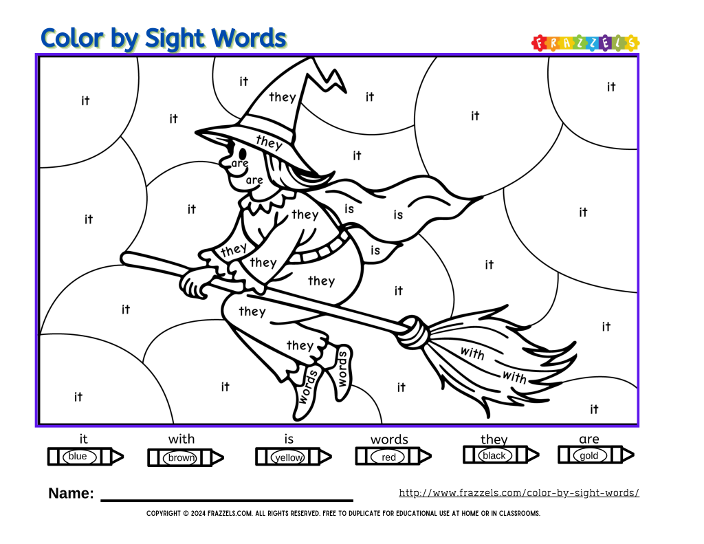 Color By Sight Words – Witch – it, with, is, words, they, are - Frazzels